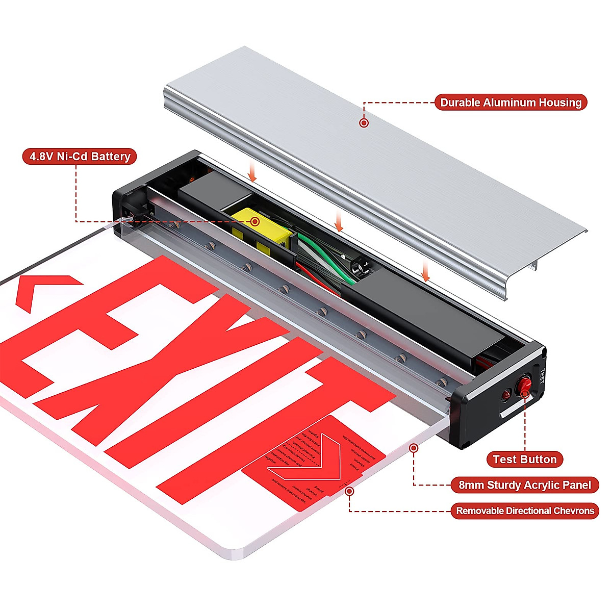 LED Edge Lit Exit Sign Aluminum Housing AC 120-347V Emergency Exit Light with Battery Backup Double Sided Acrylic Mirrored Panel Commercial Exit Signs, Top/Side/Wall Mount, UL Certified (Red, 1 Pack)