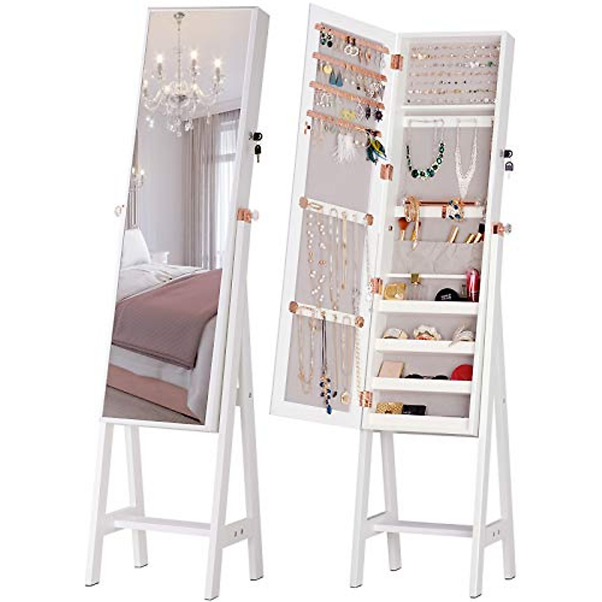 LUXFURNI Mirror Jewelry Cabinet Armoire with 3-Way Mount, Standing, Wall or Door Mounted, Jewelry Organizer with Full-Length Mirror, Lockable, Large Storage, White