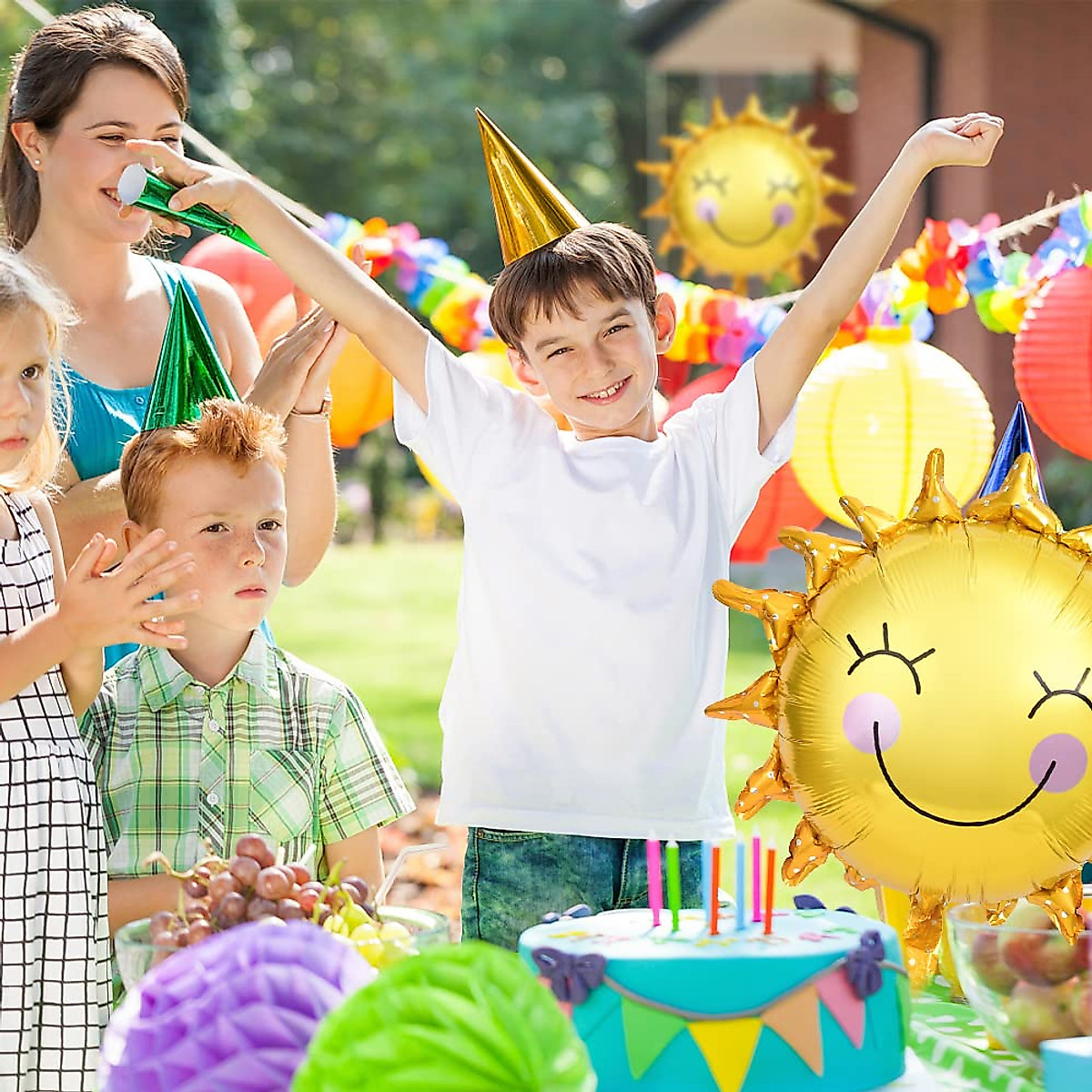 HAIOPS Sun Flower Foil Balloons Smiley Sunshine Sun Aluminum Balloon Birthday Wedding Decoration 26 Inch, 5 Pcs