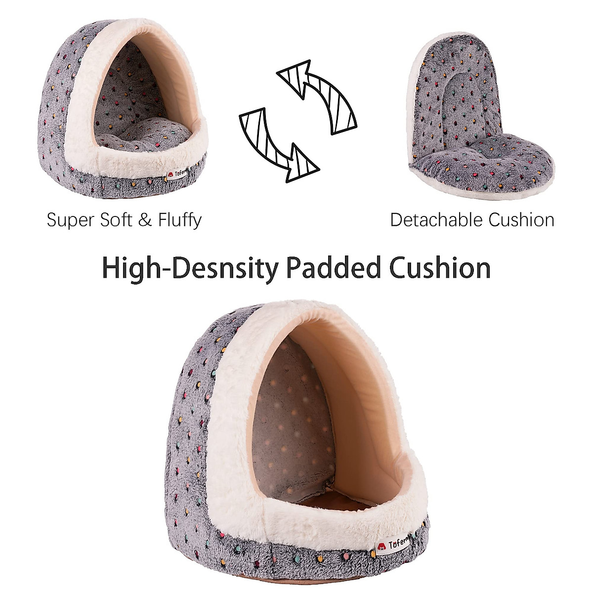 Tofern Dog Beds for Small Dog Cats Colorful Dots Pattern Striped Cute Fleece Warm Washable Igloo Pet Bed with Removable Cover