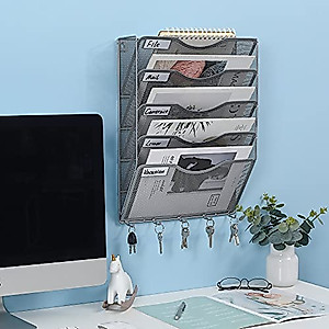 EasyPAG Wall Mount File Organizer with Key Hooks 5 Pocket Vertical Mesh Hanging Wall File Holder Magzine Paper Folders Rack for Office and Home,Silver