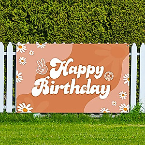 DARUNAXY Happy Birthday Banner for Women, Boho Hippie Theme Birthday Backdrop for Baby Shower, Happy Birthday Decorations for Girls, Boho Daisy Flower Groovy Birthday Party Supplies