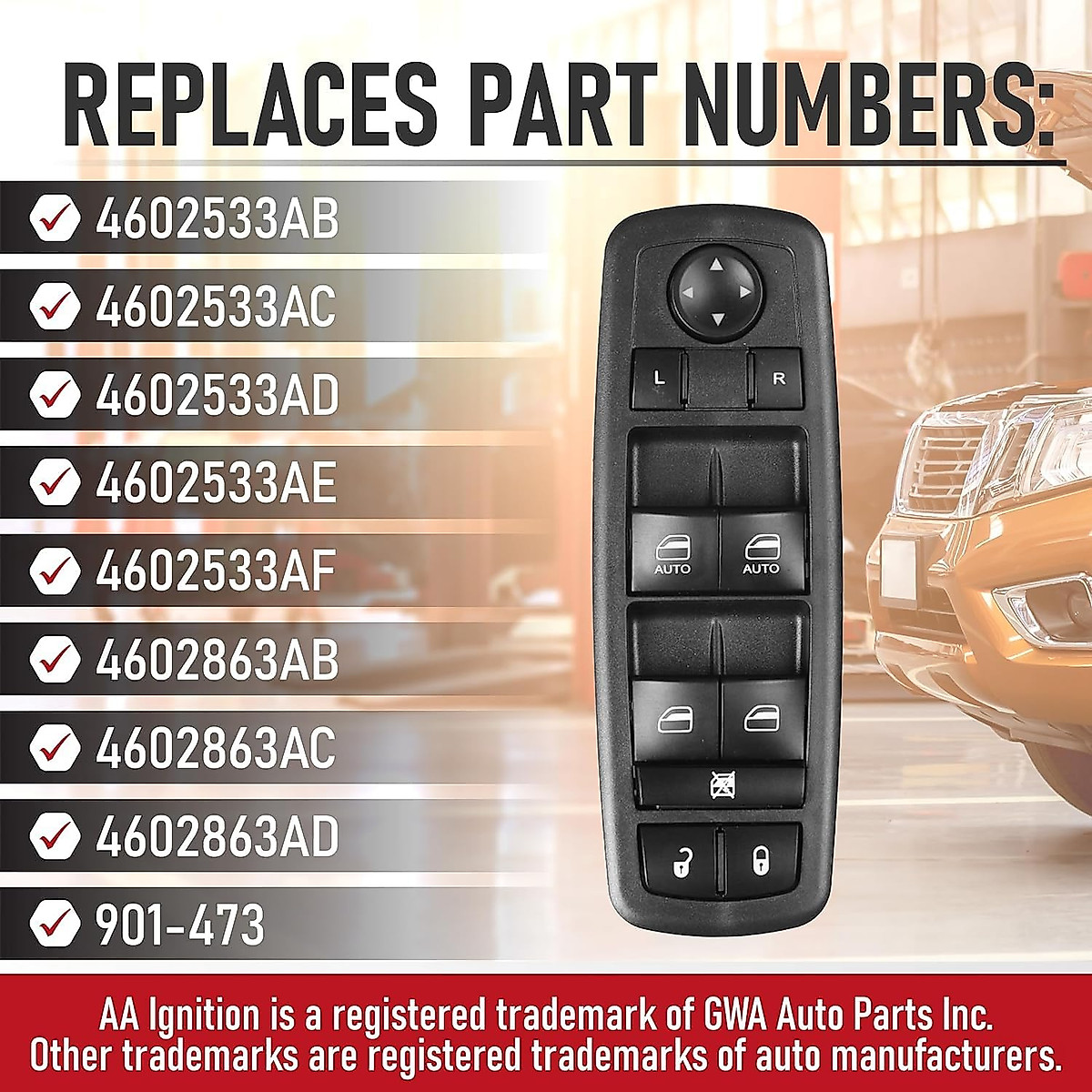 Driver Side Master Power Window Switch, Double Auto Button ONLY - Compatible with Chrysler, Dodge & Jeep, Ram, Grand Caravan, Journey, Liberty - Replaces 4602863AD, 4602870AD, 901-473, 4602863AB