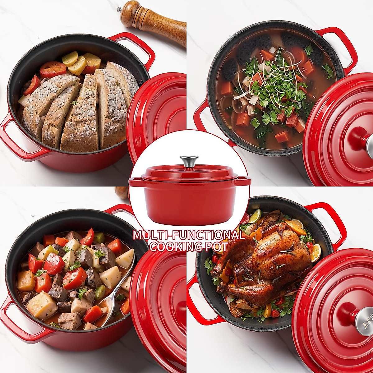 WANGYUANJI Enameled Dutch Oven Pot with Lid,3.2 Quarts Enamel Cast Iron Cookware Pot,Heavy-Duty Casserole with Dual Handle,Round Dutch Ovens for Braising and Bread Baking,Red
