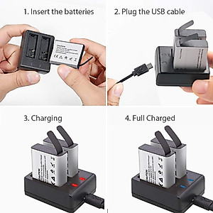 GeeKam 1350mAh Action Camera Rechargeable Batteries (2-Pack) with Dual USB Charger,for AKASO Brave 4/V50X, Dragon Touch, Crosstour CT8500, Campark X30, APEMAN A100/A77, PG900/PG1050 and More