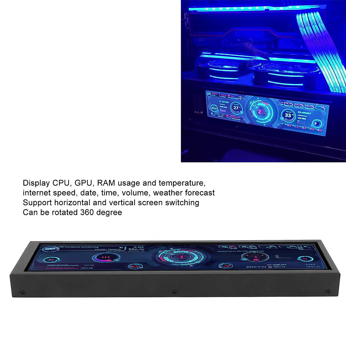 Heayzoki 8.8 Inch Display 1920x480 CPU GPU SSD Data Temperature Monitor Chassis Sub Screen, Micro USB Mini Data Monitor for RPi for