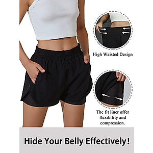 BMJL Women's Running Shorts Elastic Waistband High Waisted Short Pocket Sporty Workout Short Gym Athletic Shorts Pant (M, Black)