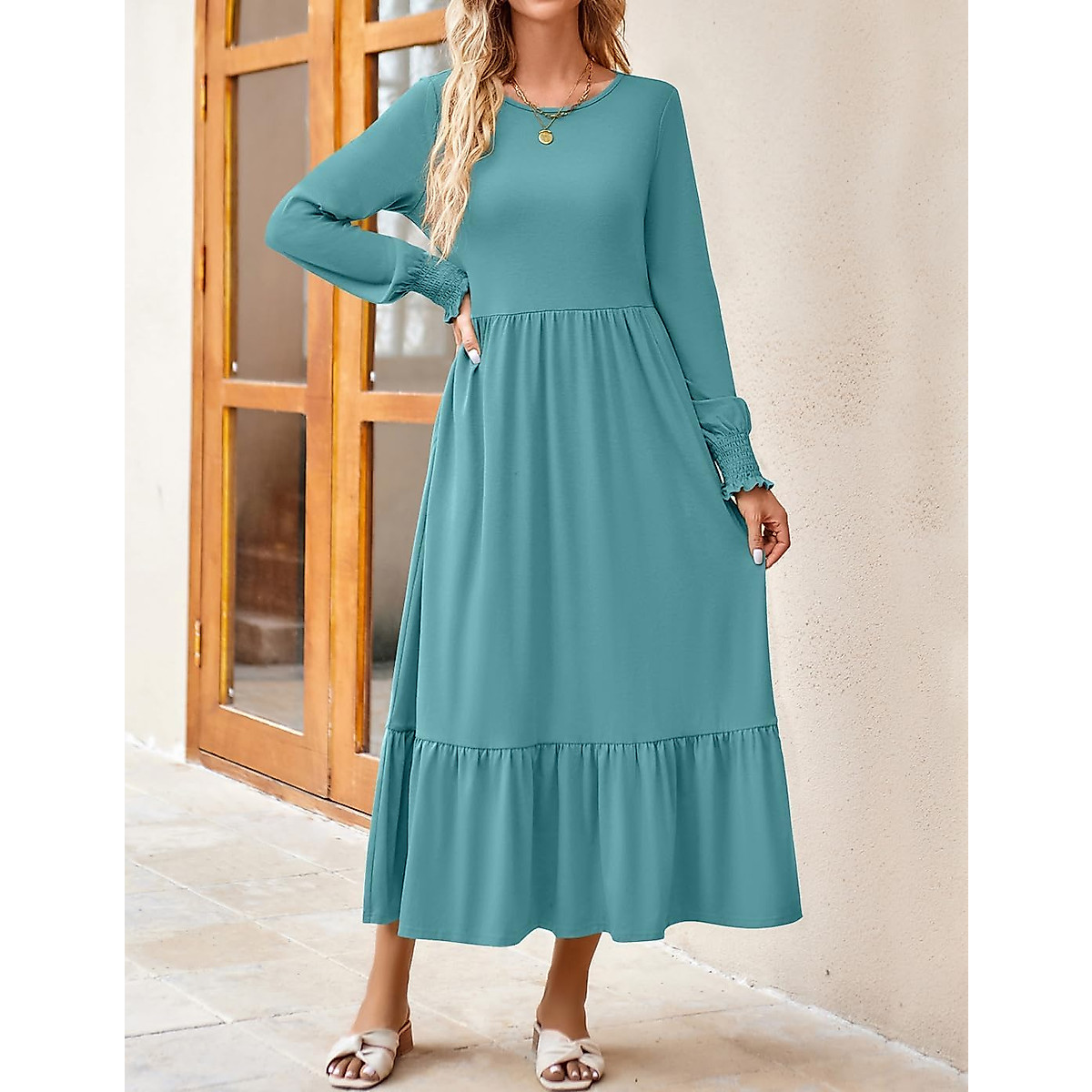 ZESICA Women's Spring Long Sleeve Dress 2025 Crewneck Casual Loose Pleated Tiered Swing Midi Dresses with Pockets,Sage,Medium