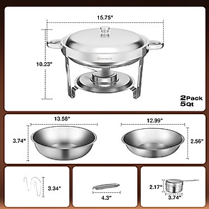 WARMOUNTS Chafing Dishes for Buffet 5QT, [95% Pre-Assembled] Round Chafing Dish Buffet Set w/Lid Holder, Stainless Steel Chafers and Buffet Warmers Sets for Parties, Wedding, Camping, Dinner (2)
