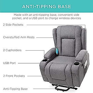 Best Choice Products Electric Power Lift Linen Recliner Massage Chair, Adjustable Furniture for Back, Lumbar, Legs w/ 3 Positions, USB Port, Heat, Cupholders, Easy-to-Reach Side Button - Gray