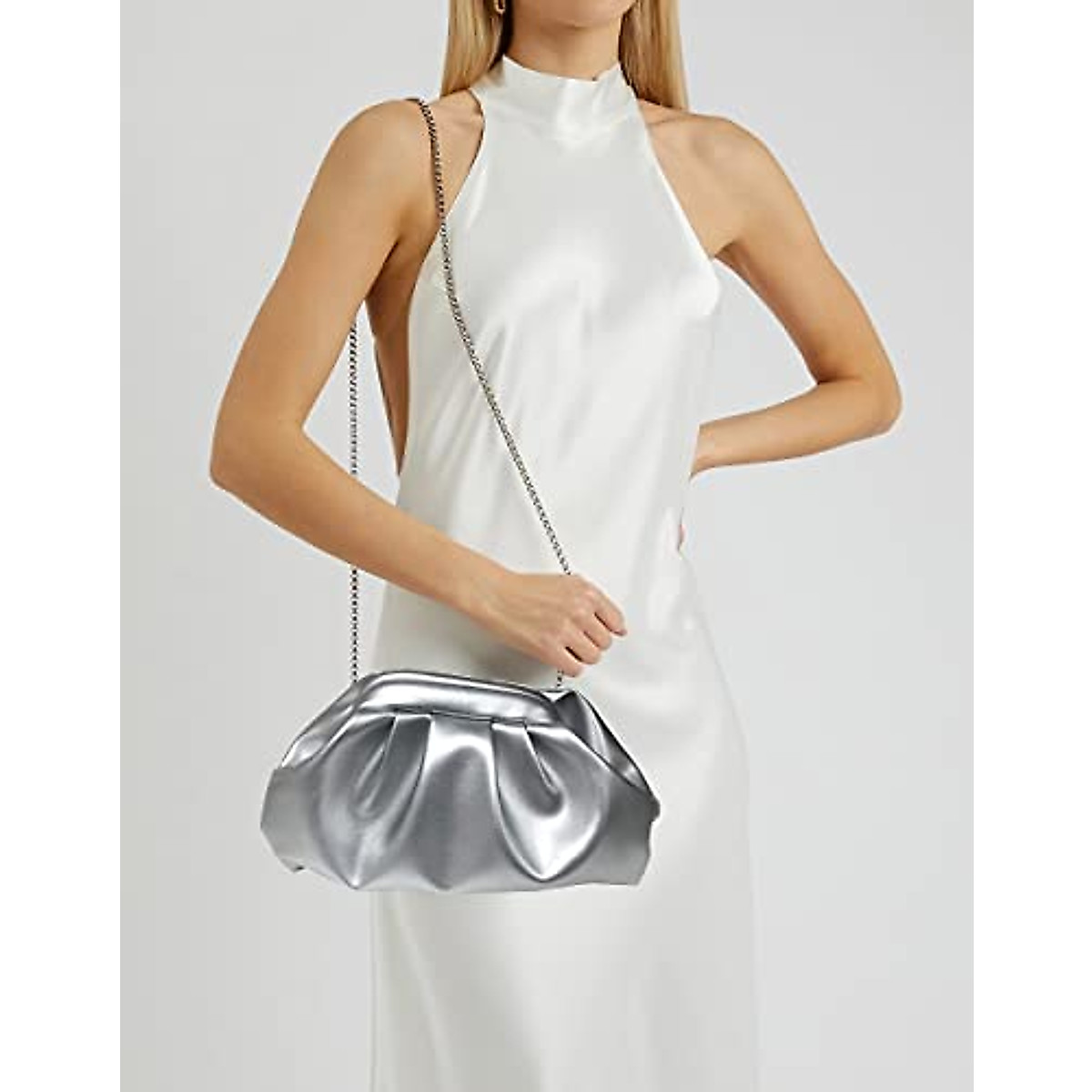 expouch Women Cloud Bag Slouchy Clutch Ruched Purse Weave Embossed with Gold Chain Shoulder Bag (Silver)