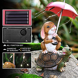 GIGALUMI Solar Garden Statue Outdoor Decor, Rabbit Siting on Turtle Holding an Umbrella with String Lights, Easter Bunny Statue for Patio, Lawn, Yard Art Decoration, Housewarming Garden Gift