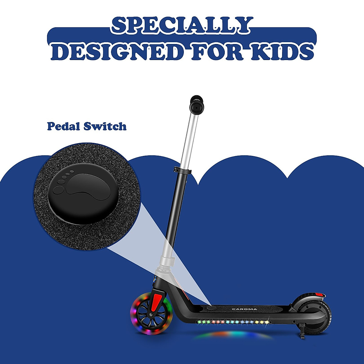 Caroma Electric Scooter for Kids Ages 6-8, Kick-Start Boost Kids Scooters for Boys/Girls, Max 6 Miles & 10 MPH, Electric Kick Scooter for Kids with Adjustable Height & Deck Lights, 120W