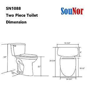 SouNor SN1088 Elongated Two Piece Toilet 1.28 GPF Extra 21" Tall Bowl Comfortable Right Seat Height Soft Closing Seat White