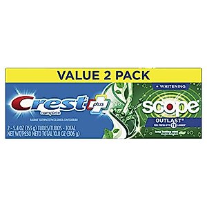 Crest + Scope Outlast Complete Whitening Toothpaste, Mint, 5.4 oz, Pack of 2