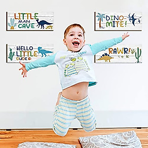 4 Pcs Dinosaur Room Bedroom Decor Boys Dinosaur Wall Decor, Motivational Quote Wood Dinosaur Decorations Hanging Sign Prints Plaques for Boy Kids Nursery Playroom (Simple Style)