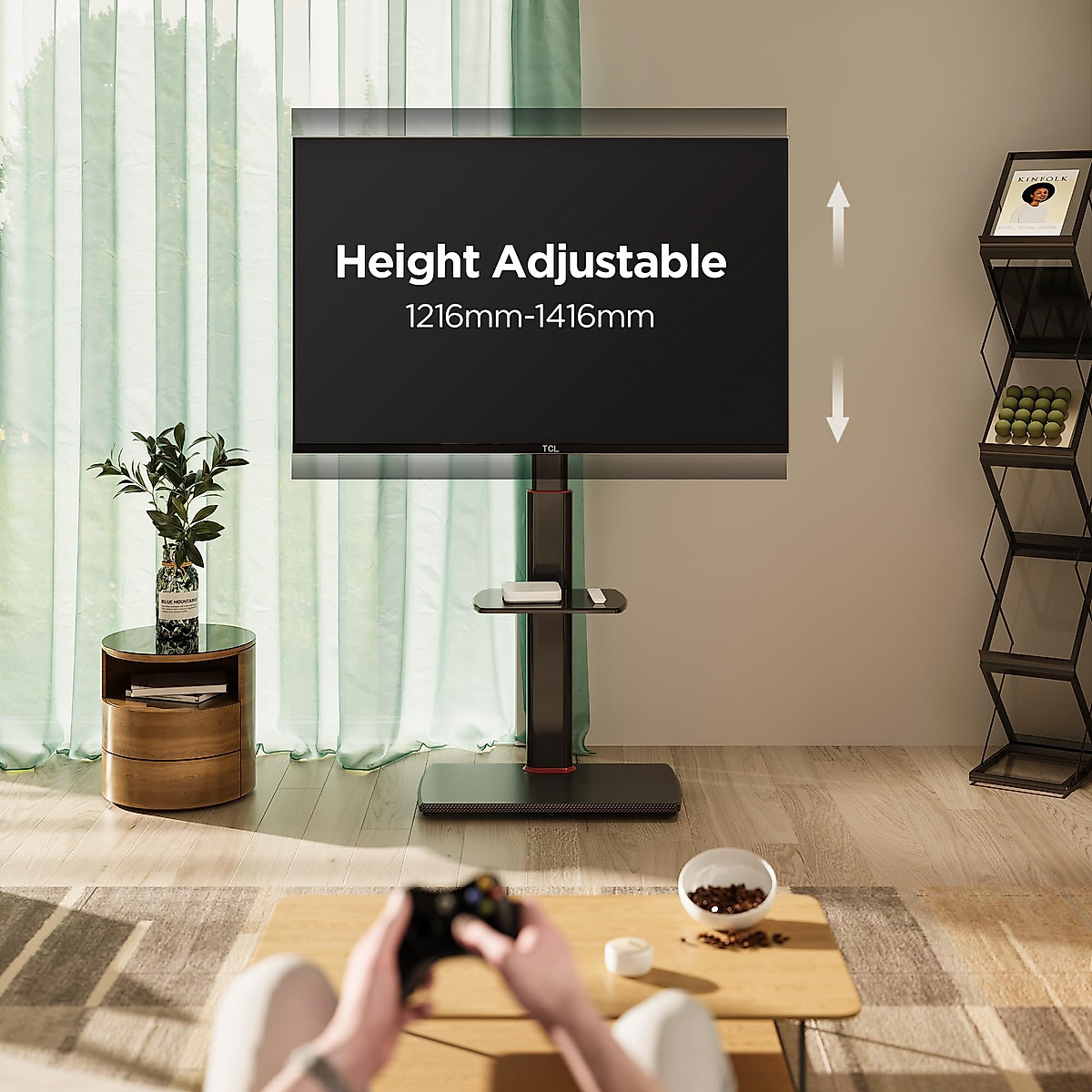 FITUEYES Swivel Floor TV with Wood Base for 32-75 inch TVs Modern Corner TV Stands for Bedroom Height Adjustable Universal Swivel TV VESA 600x400 mm