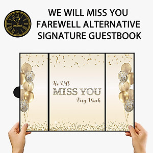 DARUNAXY Black Gold Farewell Party Decorations, We Will Miss You Very Much Alternative Signature Guest Book for Men Women Going Away Gifts Signing Card Board for Retirement Graduation Party Supplies