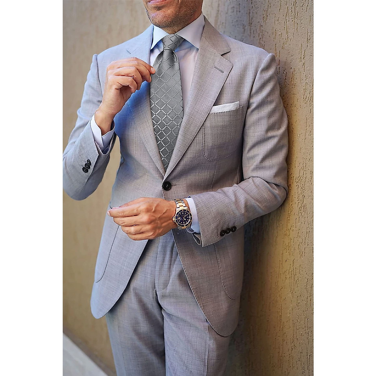 HISDERN Mens Ties for Men Grey Plaid Tie Handkerchief Classic Men's Tie with Pocket Square Set Formal Necktie Silver Gray Wedding Business Ties Set