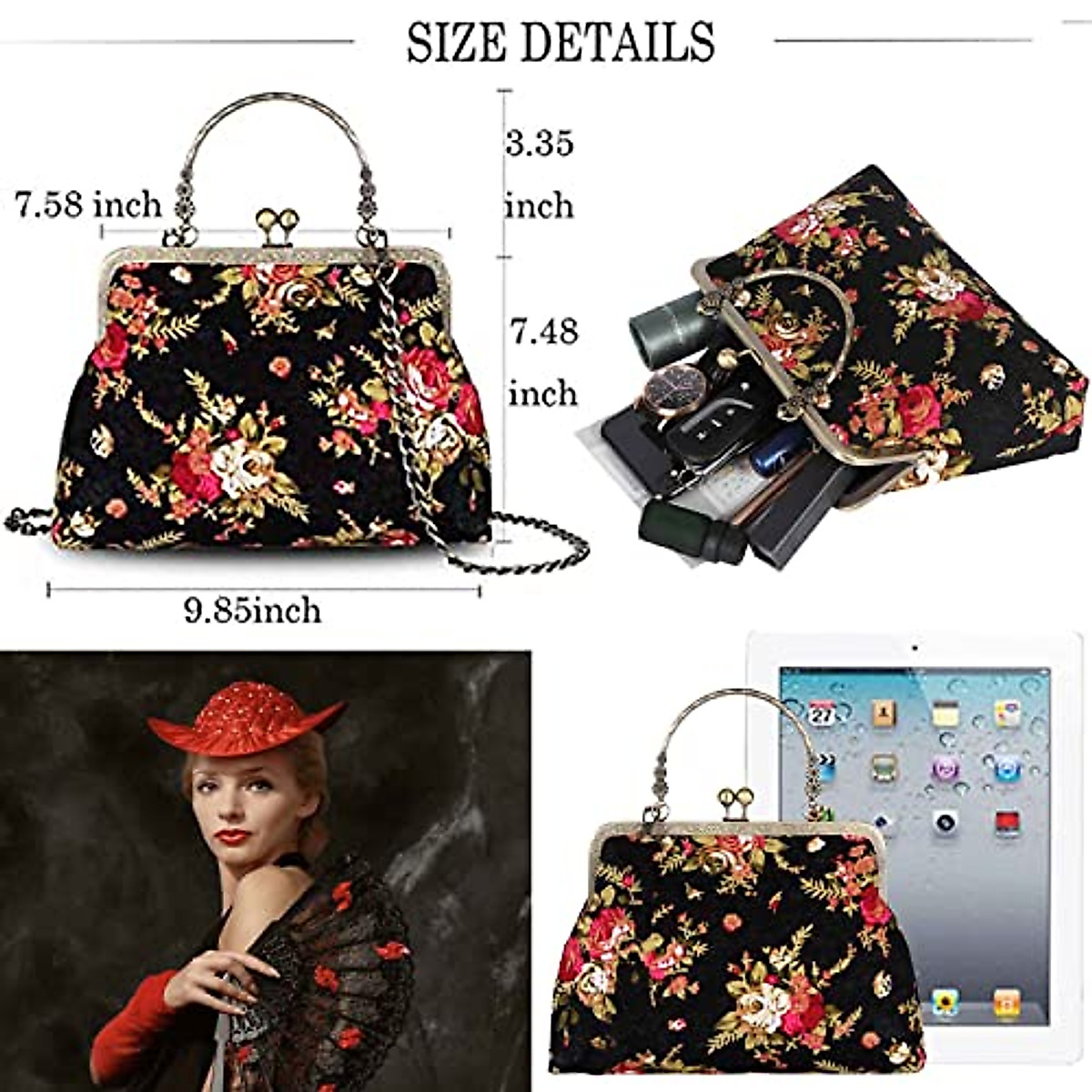 Abuyall Vintage Handbags Floral Top-Handle Kiss Lock Evening Bag for Women Retro Purse with Chain Women's Clutch Bag for Party 1920s Clutch Purse (Black)