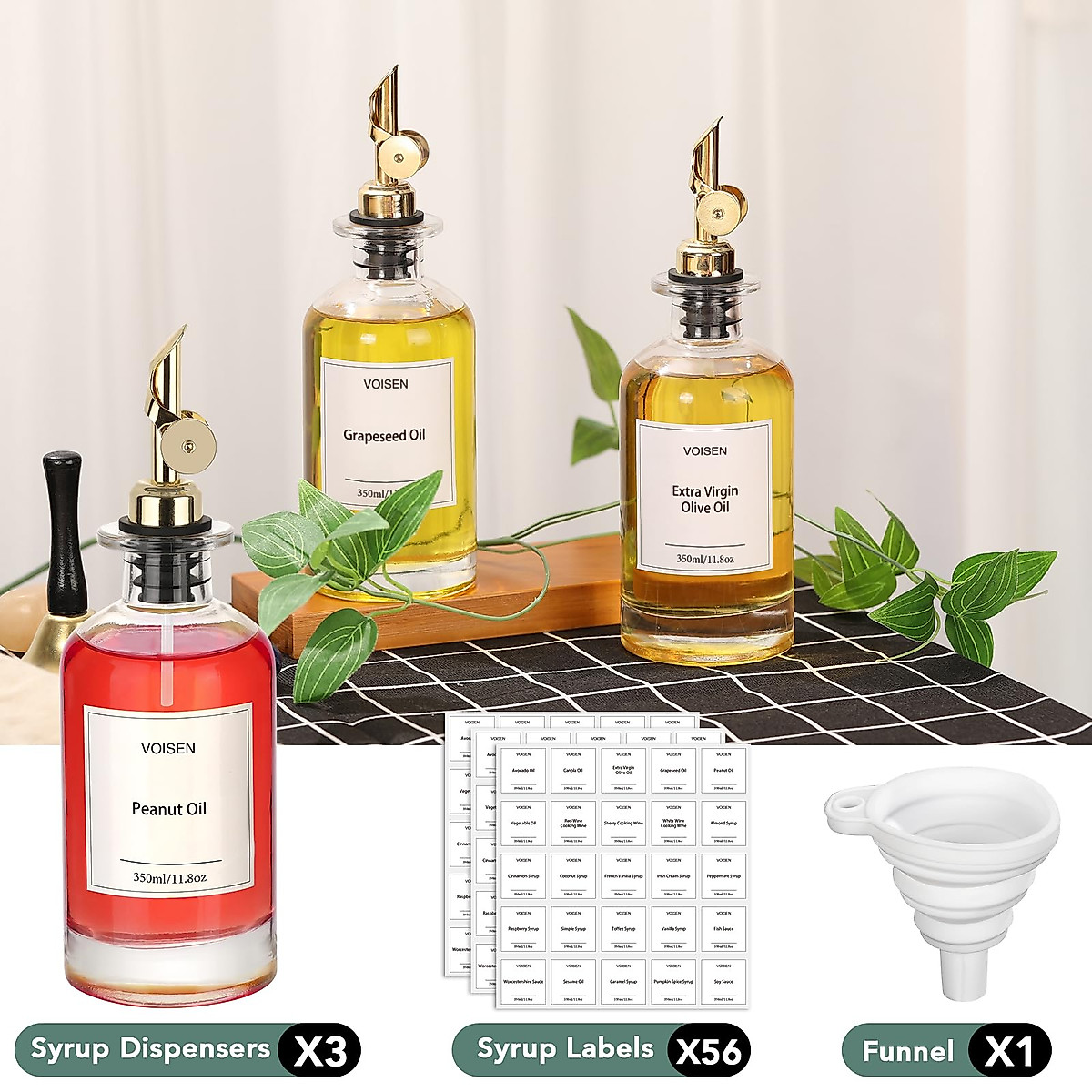 VOISEN Olive Oil Dispenser Bottle for Kitchen, Glass Oil Bottle Set of 3, Coffee Syrup Dispenser,Glass Oil Container with Metal Pourer,Funnel,42 Waterproof Labels