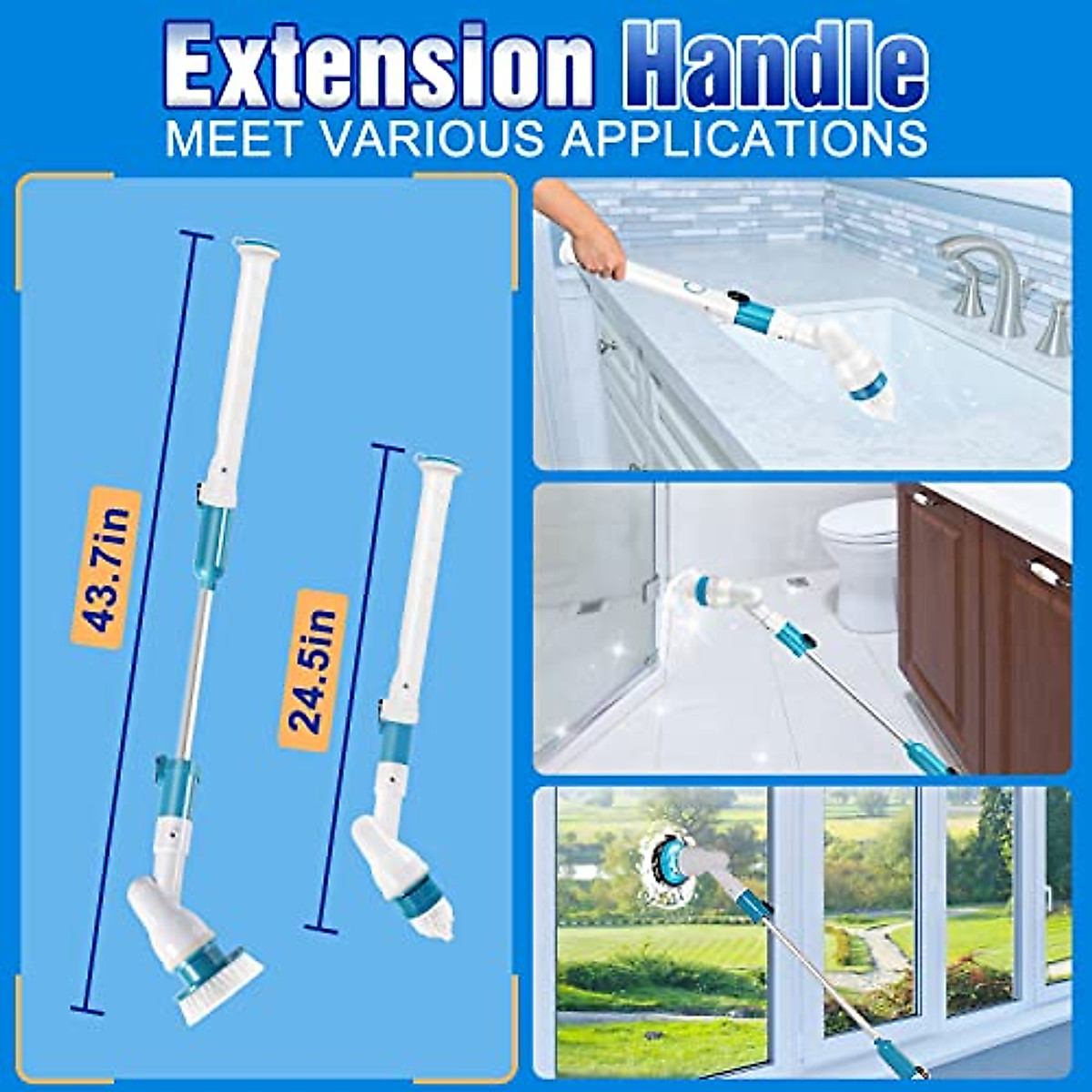 Rechargeable Electric Spin Scrubber - 5 Replaceable Cleaning Brush Heads, Cordless Shower Cleaning Brush with Long Extension Arm, Bathroom Scrubber Power Spin Scrubber for Grout Sink Tub Tile Floor