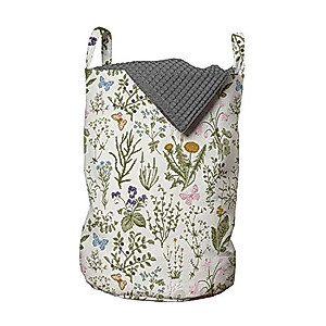 Ambesonne Floral Laundry Bag, A Vintage Garden and Plants Herbs Flowers Botanical Classic Design, Hamper Basket with Handles Drawstring Closure Organizer for Laundromats, 13" x 19", Reseda Green Beige