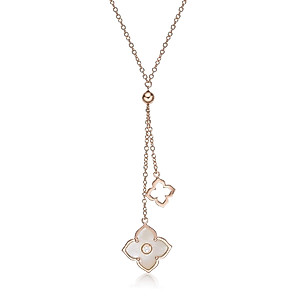 Lavari Jewelers Mother of Pearl and Cubic Zirconia Double Flower Pendant Necklace for Women - Rose Gold Plated 925 Sterling Silver Necklace for Her - 16 to 18 Inch Adjustable Chain - CZ Spring Ring