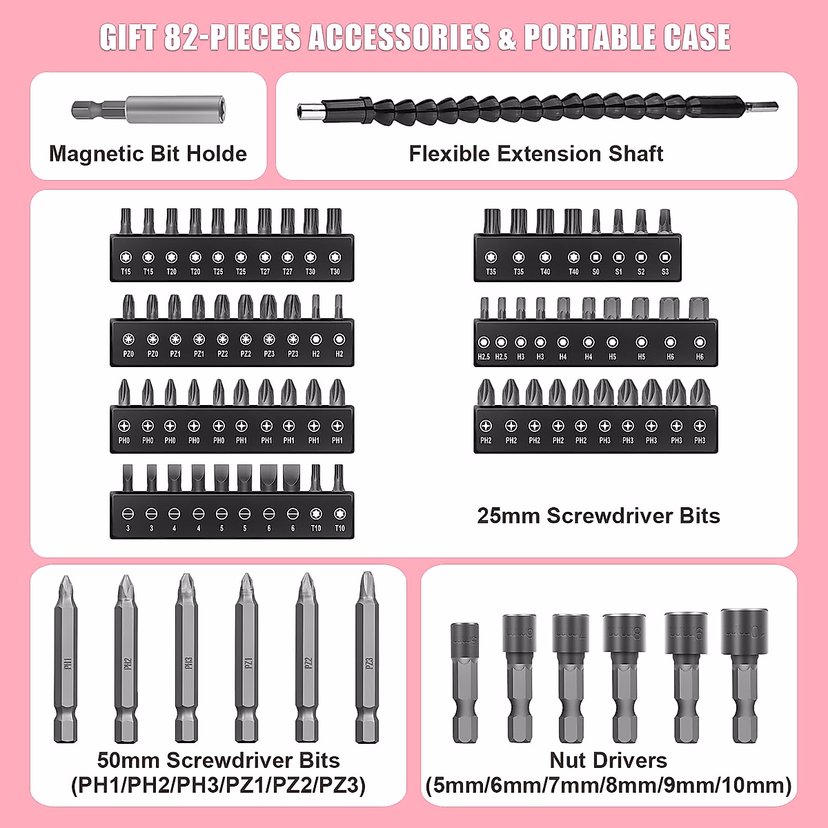 Enertwist Electric Screwdriver, 8V Max 10Nm Pink Cordless Screwdriver Rechargeable Set with 82 Accessory Kit and Charger in Carrying Case, 21+1 Cluth, Dual Position Handle, LED Light