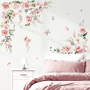 decalmile Spring Large Pink Flower Wall Decals Hanging Vine Floral Wall Stickers Baby Nursery Girls Bedroom Living Room Wall Decor