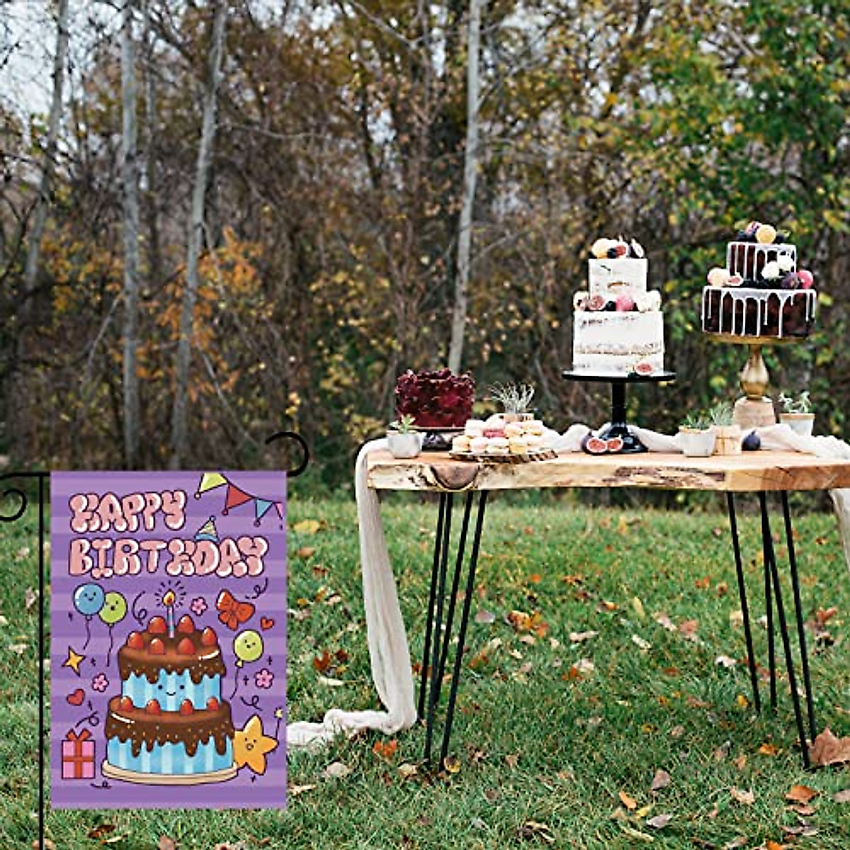 Iutumo Happy Birthday Garden Flag 12x18 Inch Double Sided Small Cute Cake Balloon Vertical Decoration for House Yard Outside and Party