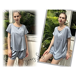 Ekouaer Womens Satin Pajamas Shorts Set Silky Short Sleeve Sleepwear Nightwear Pj Set Grey M