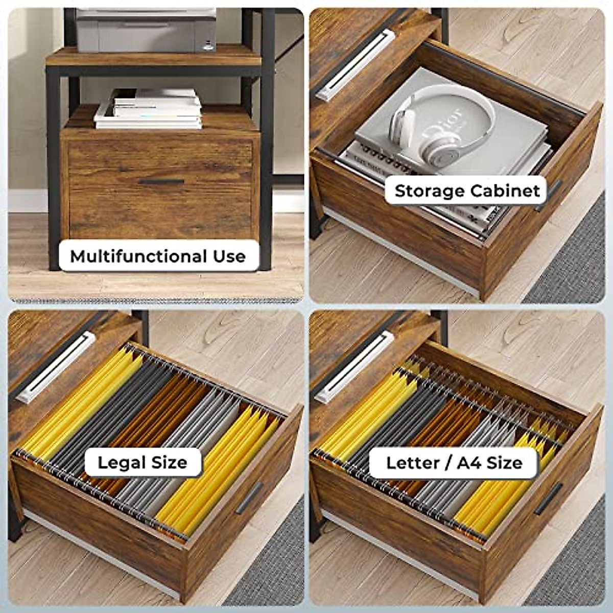 SEDETA L Shaped Desk, 66" with File Drawer & Power Outlet, Home Office Gaming Desk with Led Lights, Corner Computer Desk with Monitor Shelf, Printer Storage Shelves, Two Person Desk, Rustic Brown
