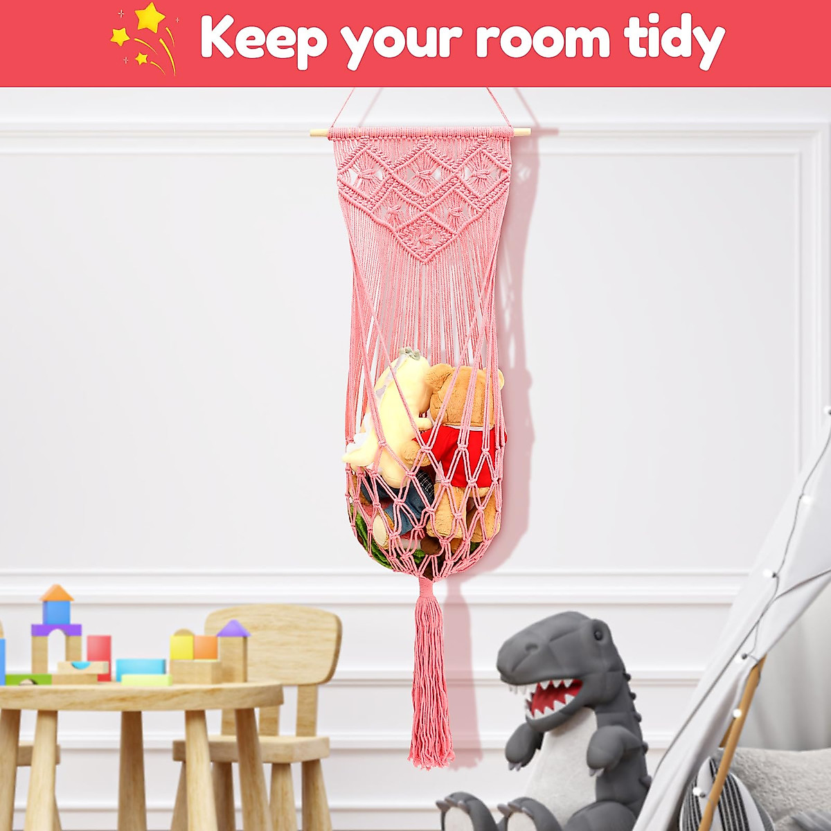 Stuffed Animal Storage Hammock Wall Hanging Toy Hammock Net Space Saving Stuffed Toy Hammock Handmade Toy Net Corner for Bedroom Nursery Basement Playroom (Pink)