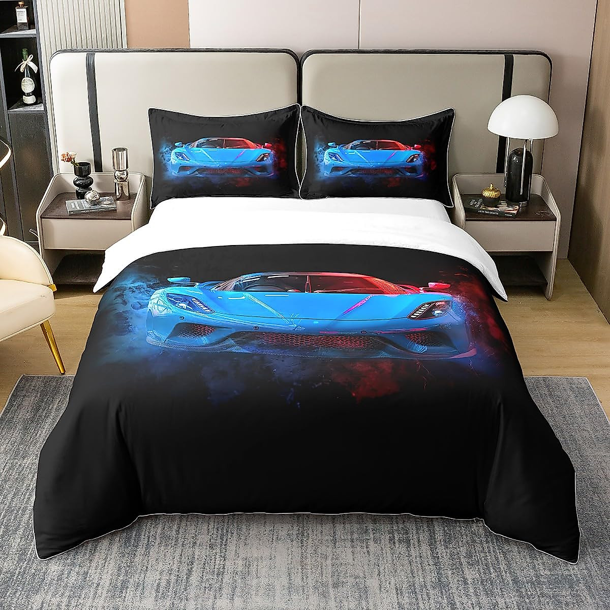 jejeloiu Race Car Duvet Cover 100% Cotton Full Size Speed Sports Car Bedding Cotton Duvet Cover Set Extreme Sports Bedding Set Automobile Comforter Cover Set Car Red Blue Bedspread Cover