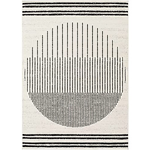 Hauteloom Angus Contemporary Bedroom Living Room Farmhouse Area Rug - Art Deco Boho Carpet - Mid Century Round Southwestern - Native American - Black, Grey, Off White, Beige - 5' x 7'