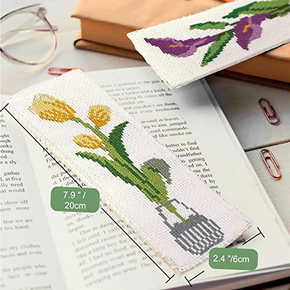 Caydo 3 Pieces Cross Stitch Bookmark Kits, Flowers Stamped Embroidery Bookmark with Backing Felt and Instructions Beginner Cross Stitch Kits for Adults, Book Lovers, 14 CT