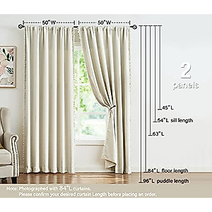 Pom Pom Curtains for Bedroom Windows 84 inch Energy Efficient Thermal Insulated Living Room Darkening Curtain Panels for Kitchen Nursery Room Ivory 50" w x2 Panels Rod Pocket