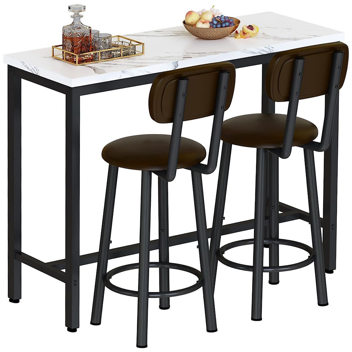 AWQM Bar Table Set of 2,39.3" Faux Marble Table Top & 2 PU Upholstered Stools with Backrest,3 Piece Industrial Pub Height Table Set,for Living Room,Kitchen,Bar,White & Black & Brown