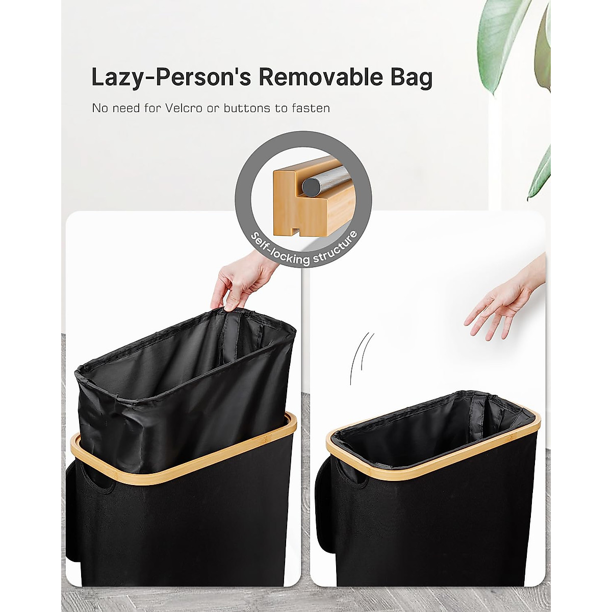 Slim Laundry Hamper with Wheels, 60L Rolling Laundry Basket with Lid and 2-Inch Silent Wheels, Small Clothes Hamper with Bamboo Handles for Clothes Toys in Dorm Bedroom Bathroom, Black