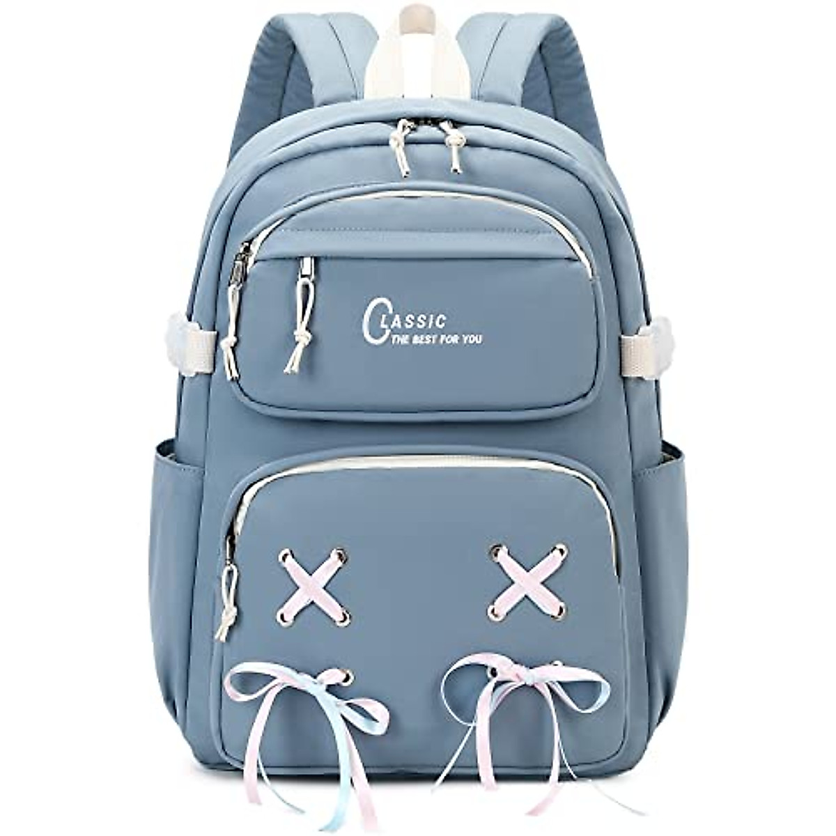 El-fmly Lightweigt School Bookbag Anti Theft Travel Daypack Backpack with Cute Ribbon for Teen Girls Children (Gray blue)
