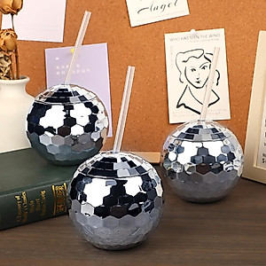 miikoul 12Pcs Disco Ball Cups with Lid and Straw, 20oz Silver Disco Party Cups 1970s Disco Ball Drinking Cup Disco Tumbler Cocktail Cup for Nightclub Bar Bachelorette Party Decor