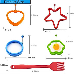 Egg Ring, Yubng Egg Cooking Rings, Round Pancake Mold, Silicone Ring for Eggs, 4 Pack Reusable Fried Egg Mold with an Oil Brush (multi-shapes)