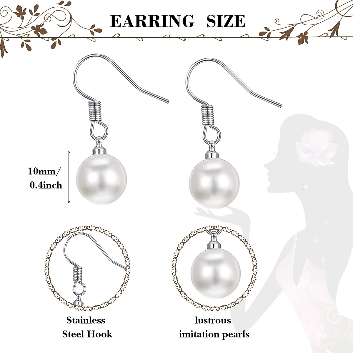 BBTO 4 Pieces Pearl Necklace Set for Women, 8 mm Round Shell Pearl Stunning Pearl Stretch Bracelet, Multi Strand Choker Necklace, Dangle Earrings Jewelry, Halloween Christmas Birthday Wedding Present