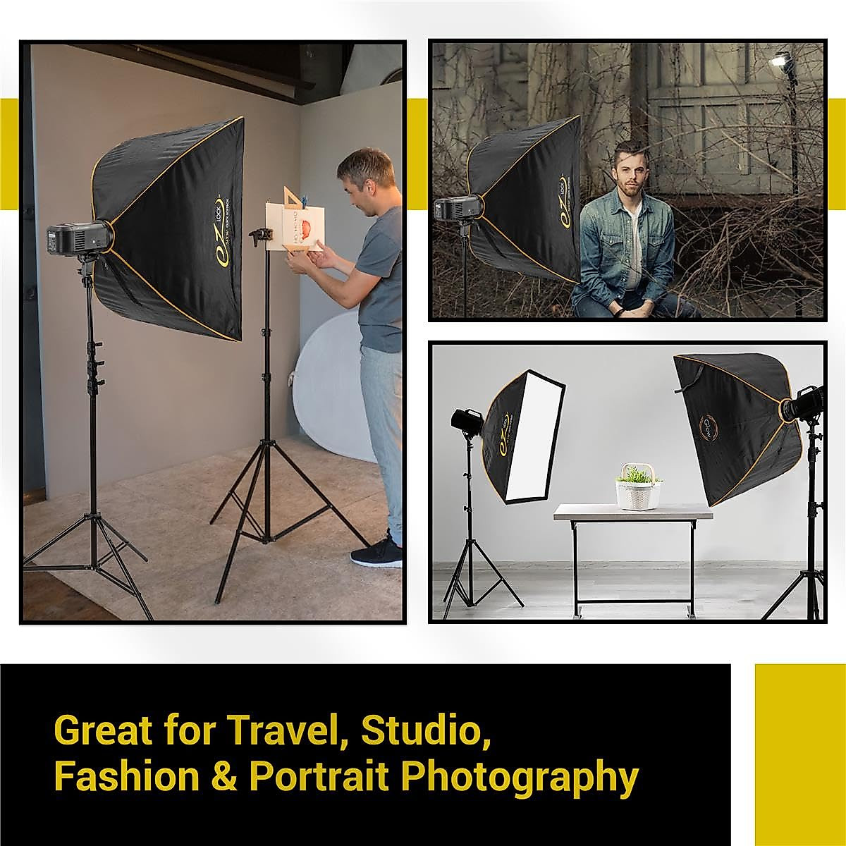 Glow EZ Lock 24x36 Quick Strip Rectangular Bowens Mount Softbox Lighting Kit with External, Internal Diffusers, Deflector Disk and Eggcrate Grid, Folding Softbox for Photography Studio Lighting