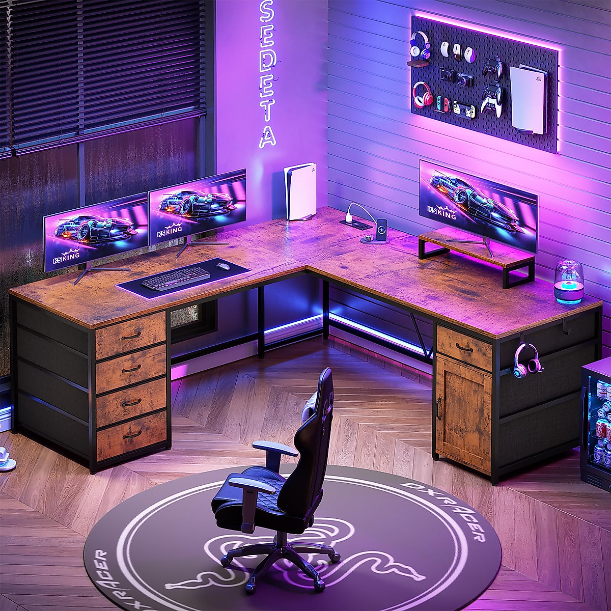 SEDETA L Shaped Desk, 63" Computer Desk with 5 Drawer & Power Outlet, Long Home Office Desk or Corner Desk, L Shaped Corner Desk with Monitor Shelf, Storage Cabinet, Rustic Brown