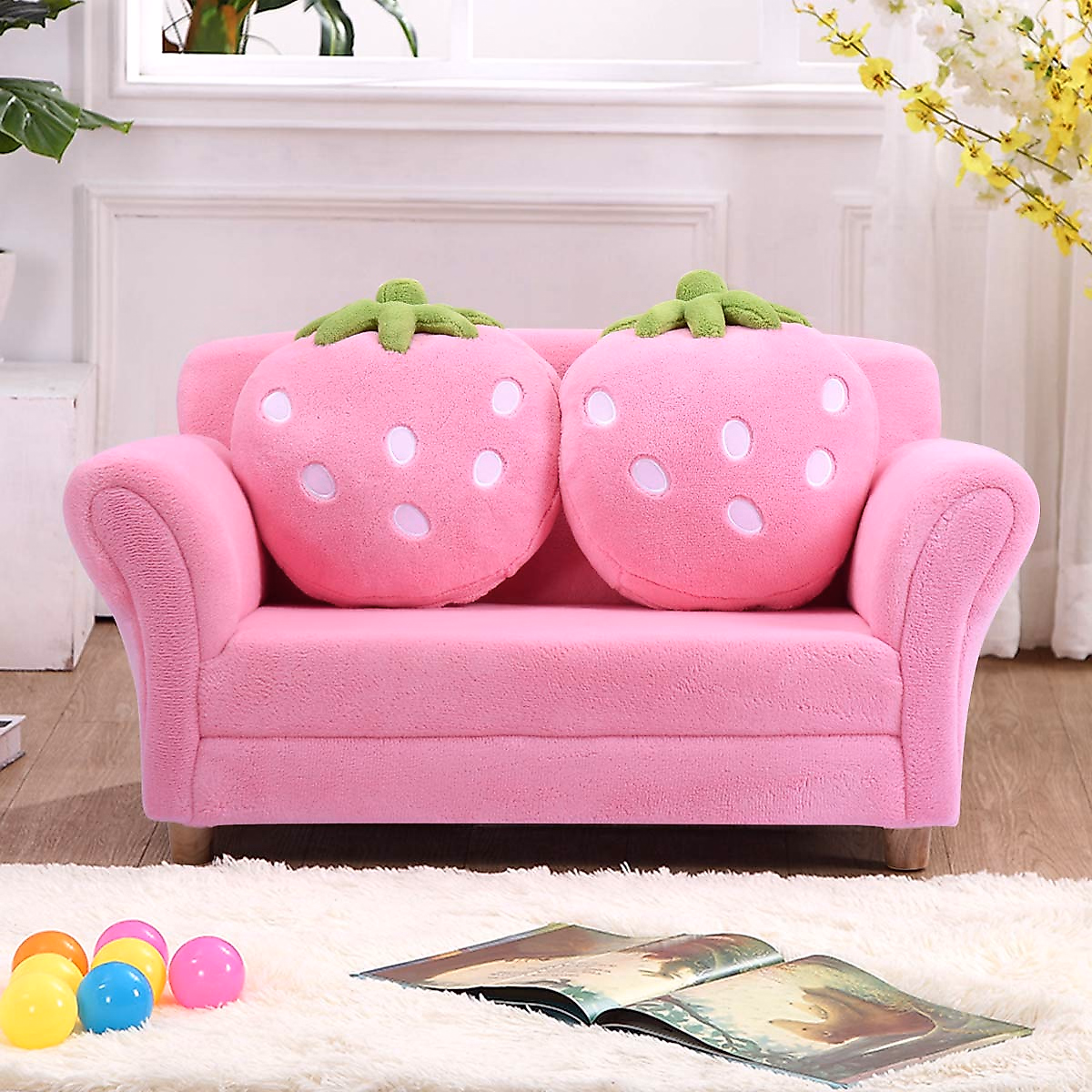 Costzon Kids Couch, Double Seat Pink Children's Sofa with 2 Strawberry Pillows, Toddler Armrest Chair for Bedroom, Living Room, Large Soft for Kids Loveseat Toy for Baby Girls Preschool Gifts Presents