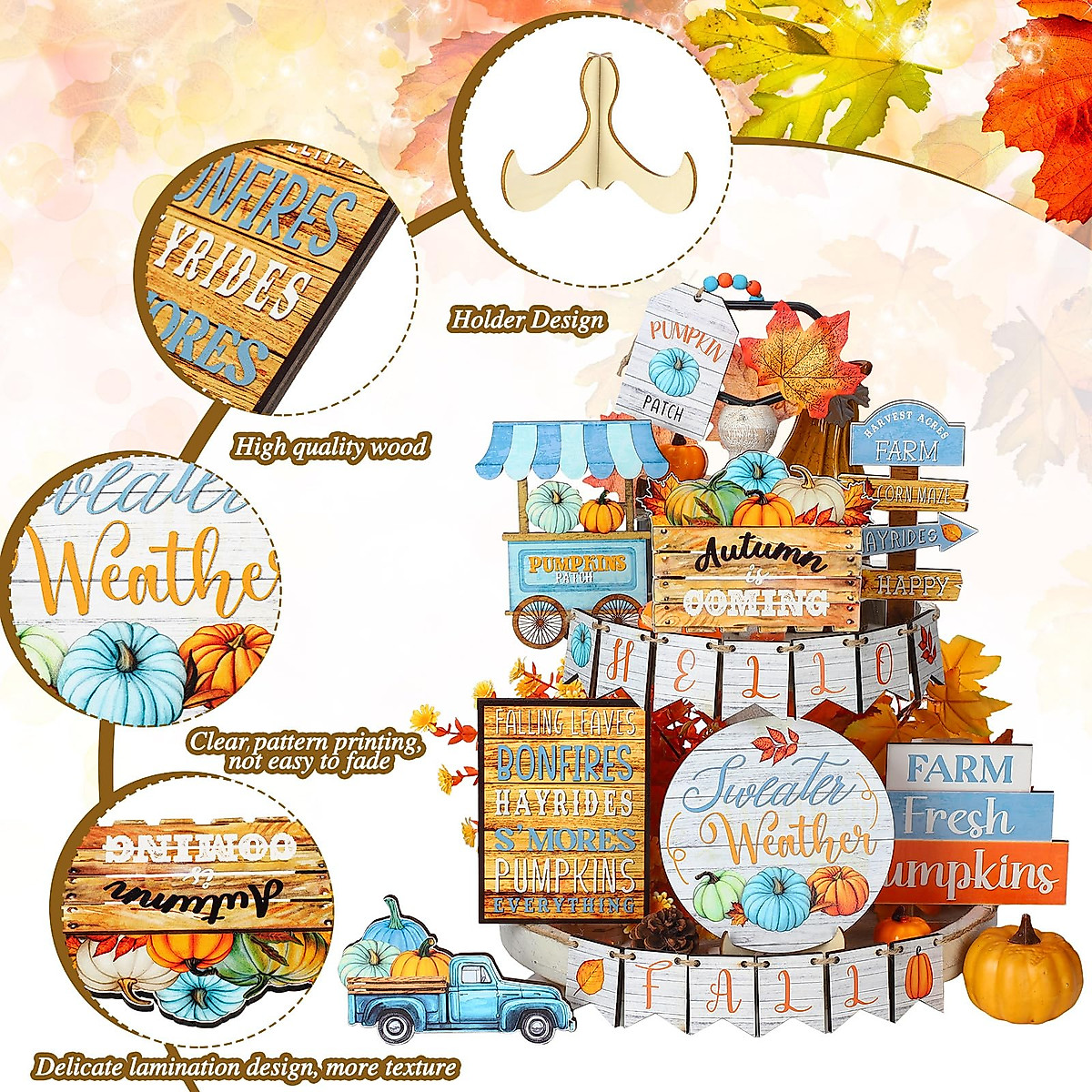 Bucherry 22 Pcs Thanksgiving Tiered Tray Decoration Fall Thanksgiving Decoration Farmhouse Rustic Wooden Sign Pumpkin Truck Blocks Autumn Wooden Sign for Fall Home Table Harvest Decor