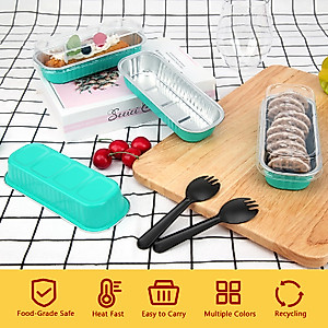 LNYZQUS Mini Loaf Baking Pans with Lids 100 Pack, 6.8oz Rectangle Mini Cake Tins Baking Cups,Disposable Aluminum Foil Mini Baking Pan Muffin Tins Containers -Cyan Blue