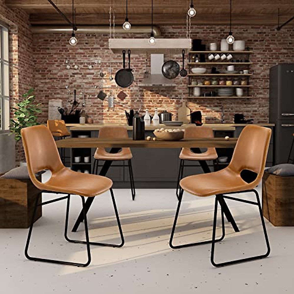 Faux Leather Dining Chairs Set of 2 Farmhouse Upholstered Dining Chair,Urban Industrial Indoor Kitchen Dining Chair, Boho Dining Chairs Mid Century Modern Minimalist Desk Chair Roxana 18" Whisky Brown